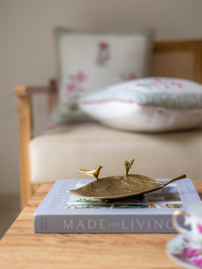Handmade teak leaf platter with birds in bronze patina finish and polished highlights . – The ...